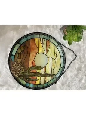 Art | Round Stained Glass Panel With Desert Cactus Scene | Poshmark